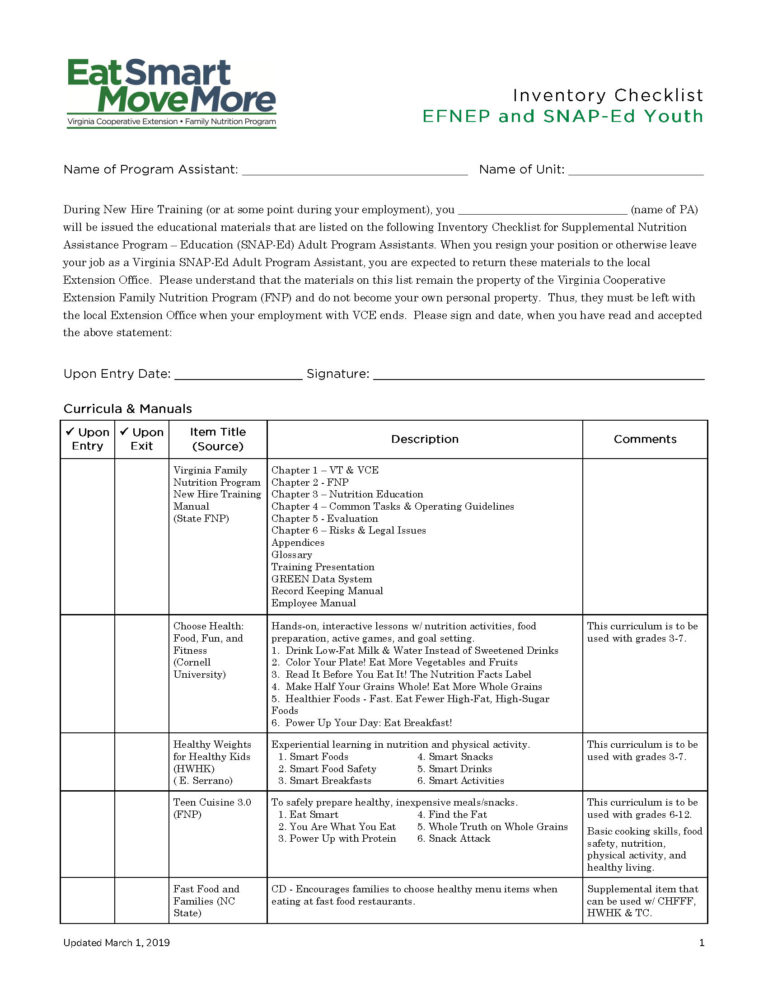 Youth Inventory Checklist (Sept 2025) | Virginia Family Nutrition Program